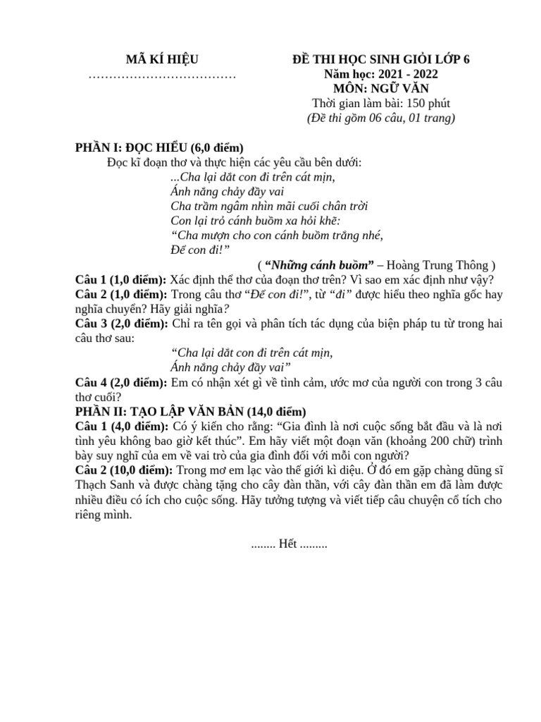 Đề thi HSG Văn 6 - ĐINH TIÊN HOÀNG | PDF
