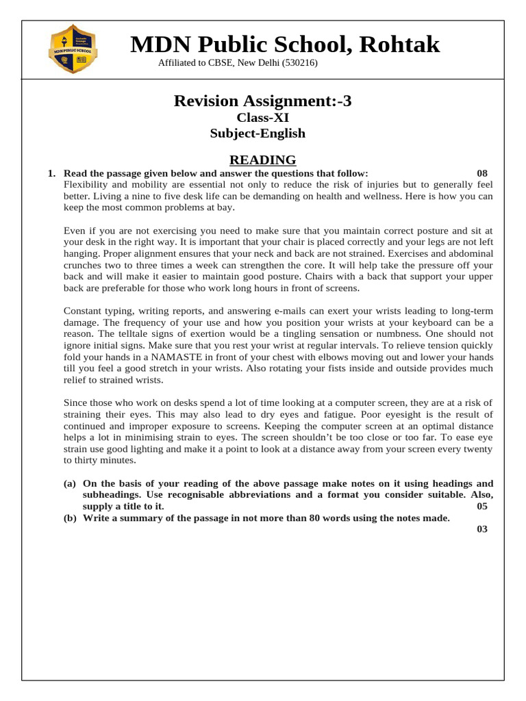 Grade 11 Revision Assignment-3 | PDF | Paresthesia
