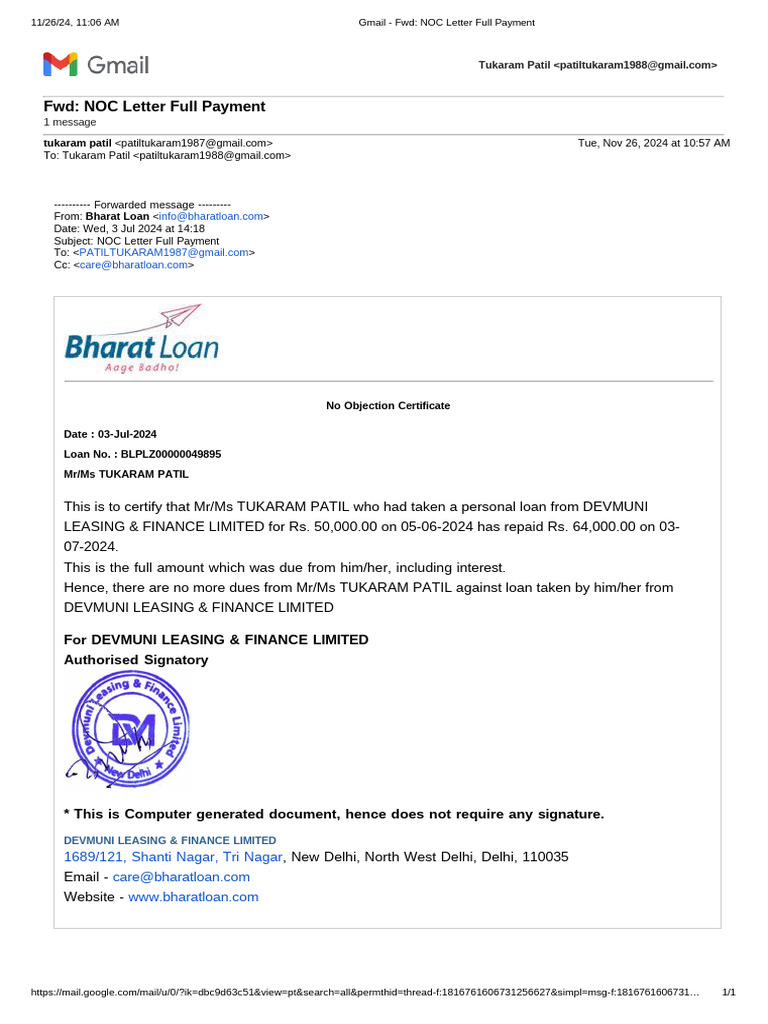 Gmail - FWD - NOC Letter Full Payment | PDF