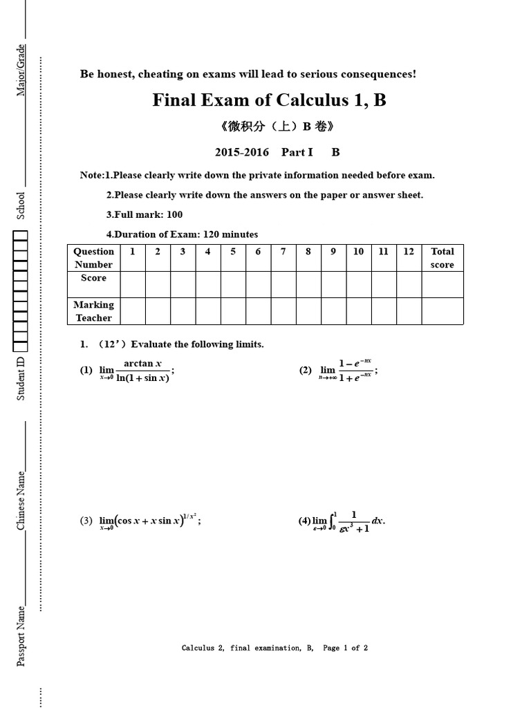 Calculus 2 Final Exam Questions | PDF | Mathematical Objects | Mathematics