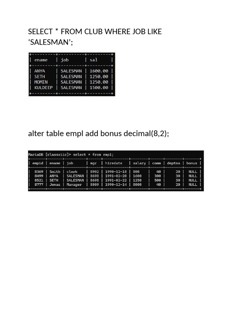 SQL Queries for Employee and Club Data | PDF
