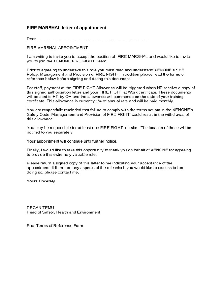 Fire Marshal Appointment Letter | PDF