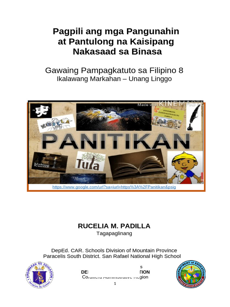 Filipino 8 Q2 W1 Pagpili NG Mga Pangunahin at Pantulong Na Kaisipang ...