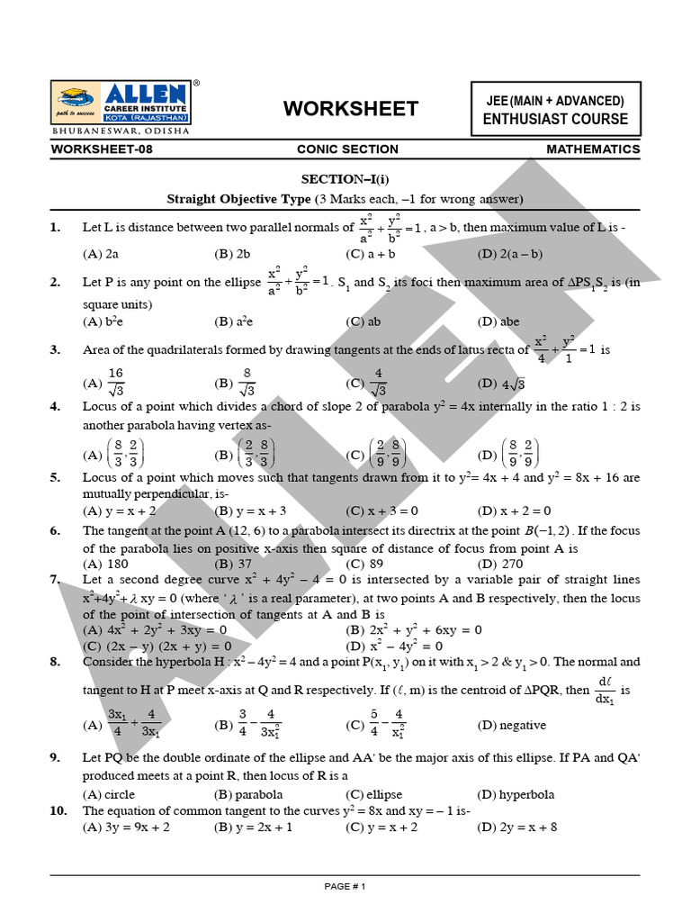 WS-08 - Conic Section - JEE-MATH - 27-10-2023 - SC | PDF | Ellipse | Circle