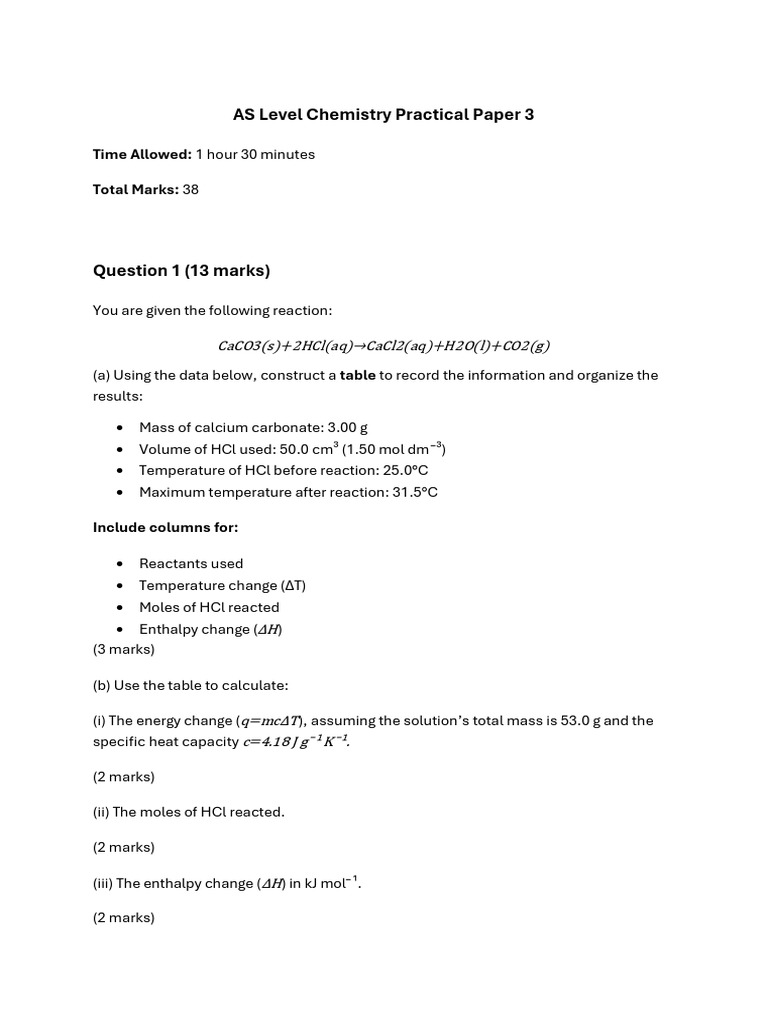 AS Level Chemistry Practical Paper 3 (Theoretical Assessment | PDF | Titration | Chemistry