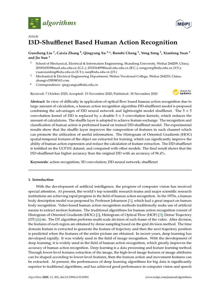 I3D-Shufflenet Based Human Action Recognition | PDF | Artificial Neural Network | Computer Vision