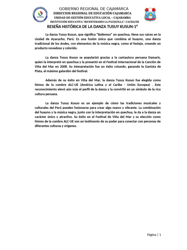 Reseña de la danza Tusuy Kusun | PDF