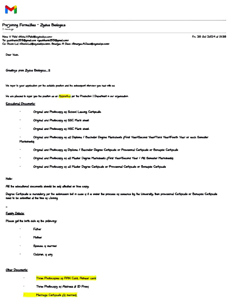 Zydus Biologics Pre-Joining Instructions | PDF