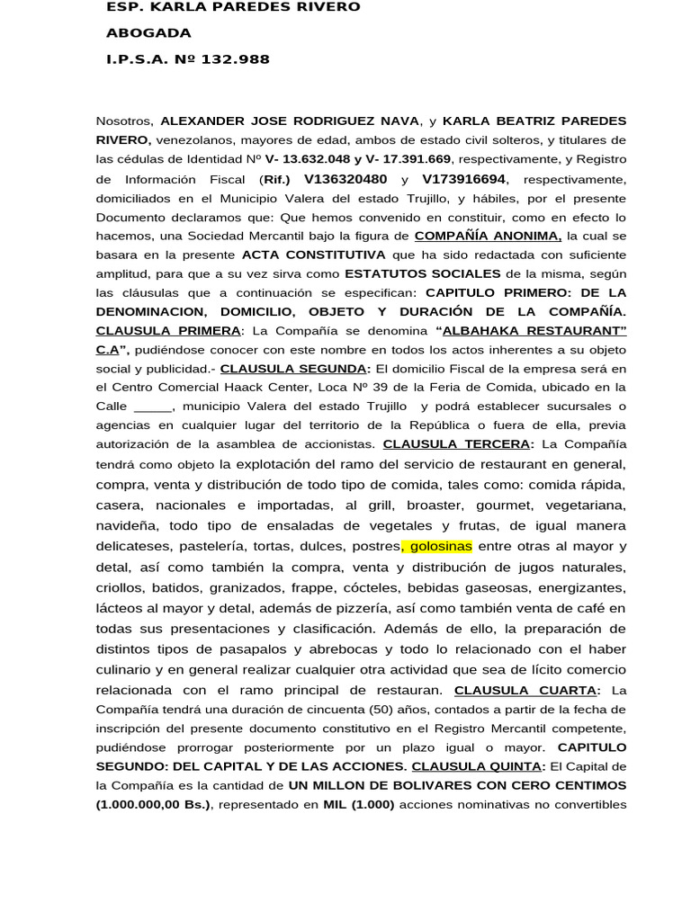 ACTA CONSTITUTIVA ALBAHACA RESTAURANT-karla | PDF | Compartir (Finanzas) | Documento de identidad