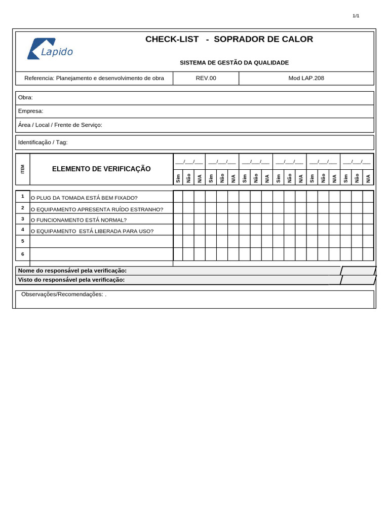 Check-List Soprador Mod Lap208 | PDF