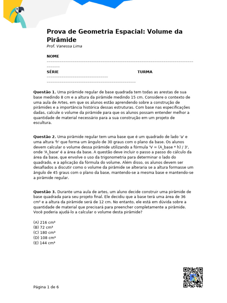 Prova de Geometria Espacial | PDF | Geometria Euclidiana