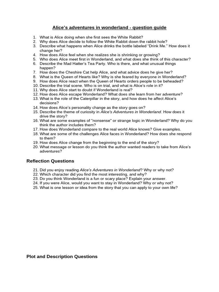 Alice in Wonderland Question Guide | PDF | Alice's Adventures In Wonderland