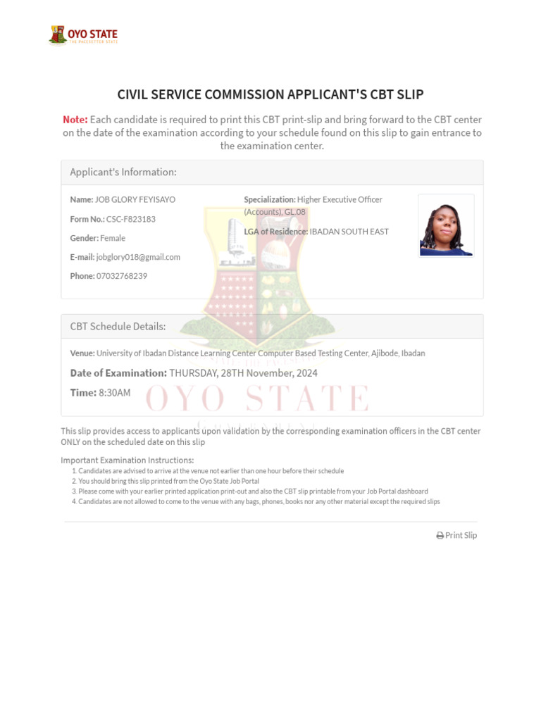 Applicant's CBT Slip - Oyo State Job Portal | PDF