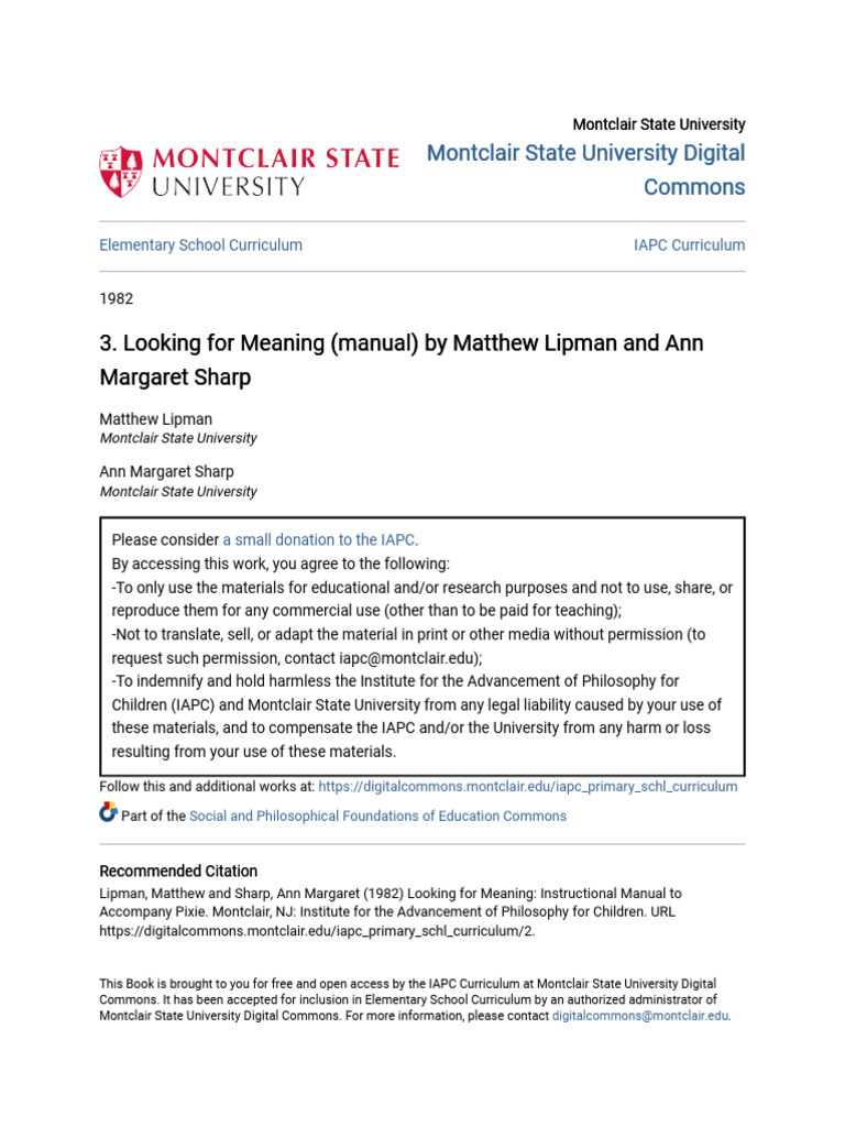 Looking For Meaning (Manual) by Matthew Lipman and Ann Margare | PDF ...