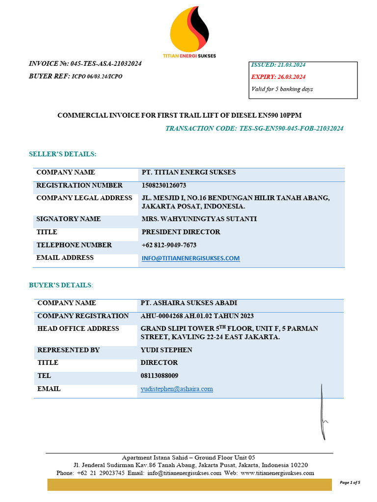 Diesel EN590 Commercial Invoice 045-TES-ASA | PDF | Jakarta