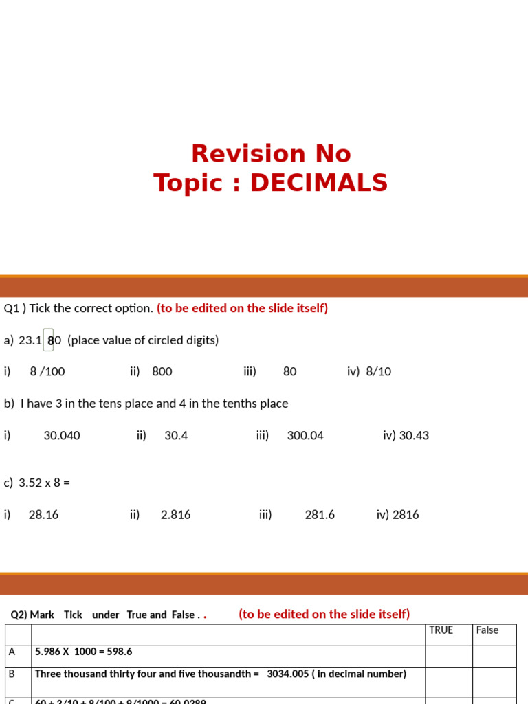 Revision 2 - Decimals | PDF | Arithmetic | Numbers