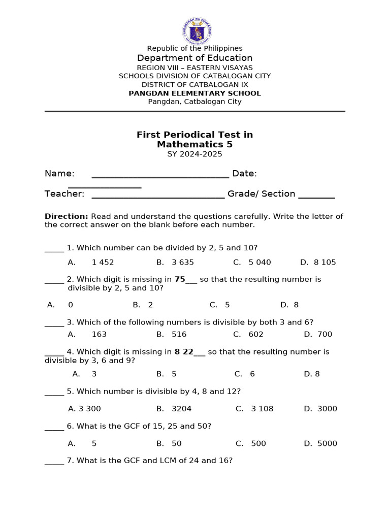 PT - Math 5 - Q1 | PDF | Mathematics