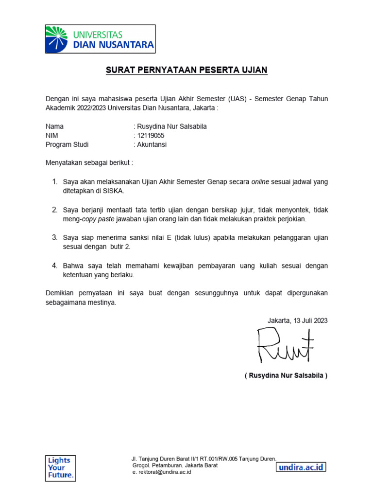 Surat Pernyataan Uas | PDF