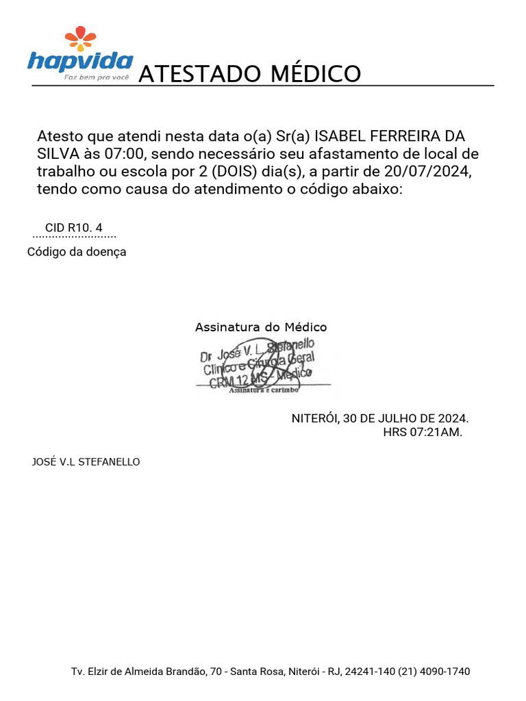 Atestado Médico: CID R10. 4 | PDF