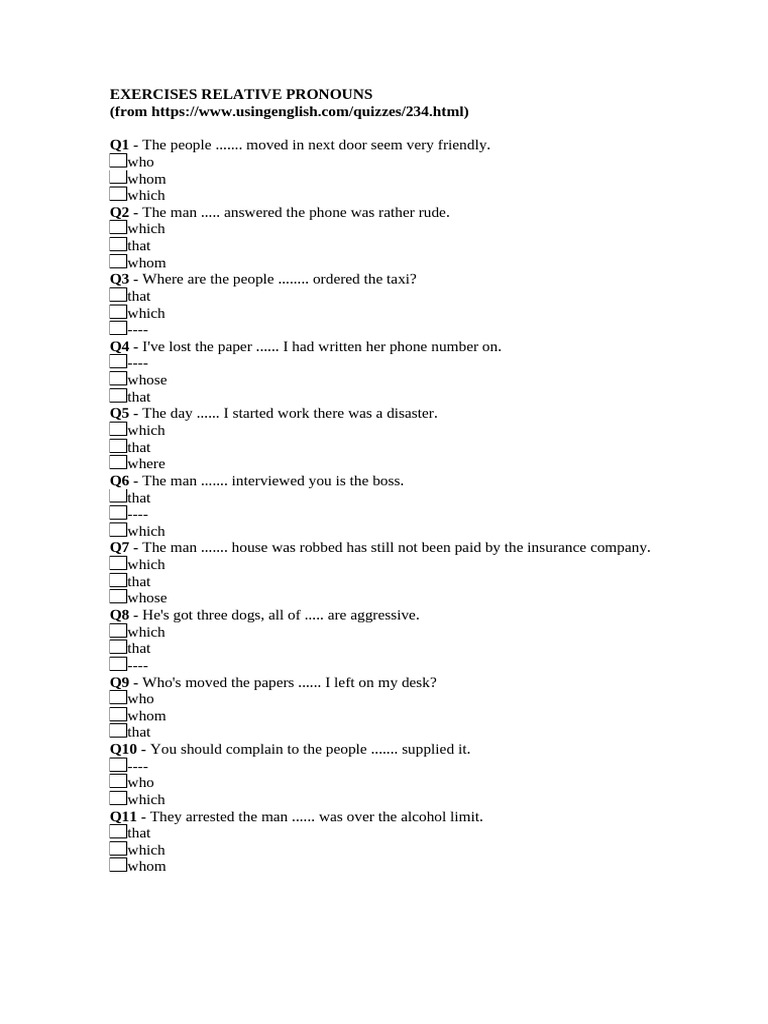 Relative Pronouns - Exercises | PDF