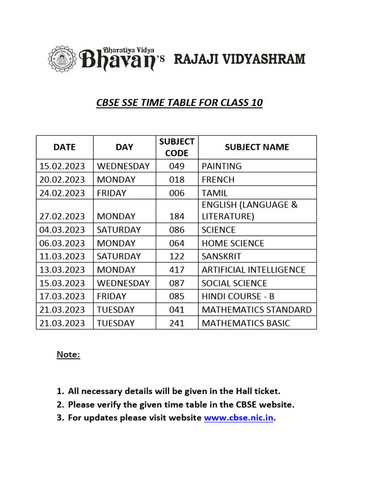 Cbse Sse Time Table For Class 10: Date DAY Subject Code Subject Name | PDF