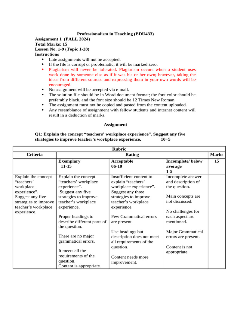Fall 2024 - EDU433 - 1 | PDF | Plagiarism | Learning