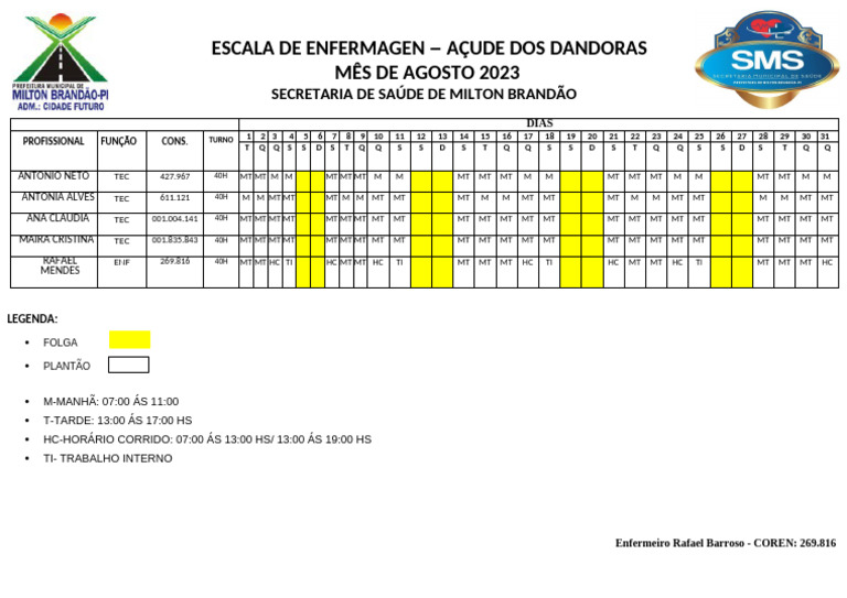 Escala de Enfermagem Agosto 2023 | PDF