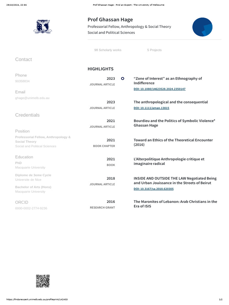 Prof Ghassan Hage - Find An Expert - The University of Melbourne | PDF ...