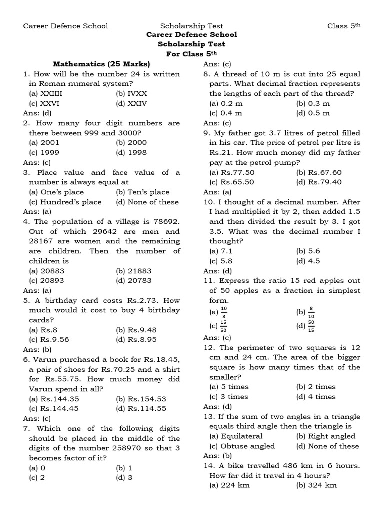 Scholarship Test For Class 5th-4 | PDF