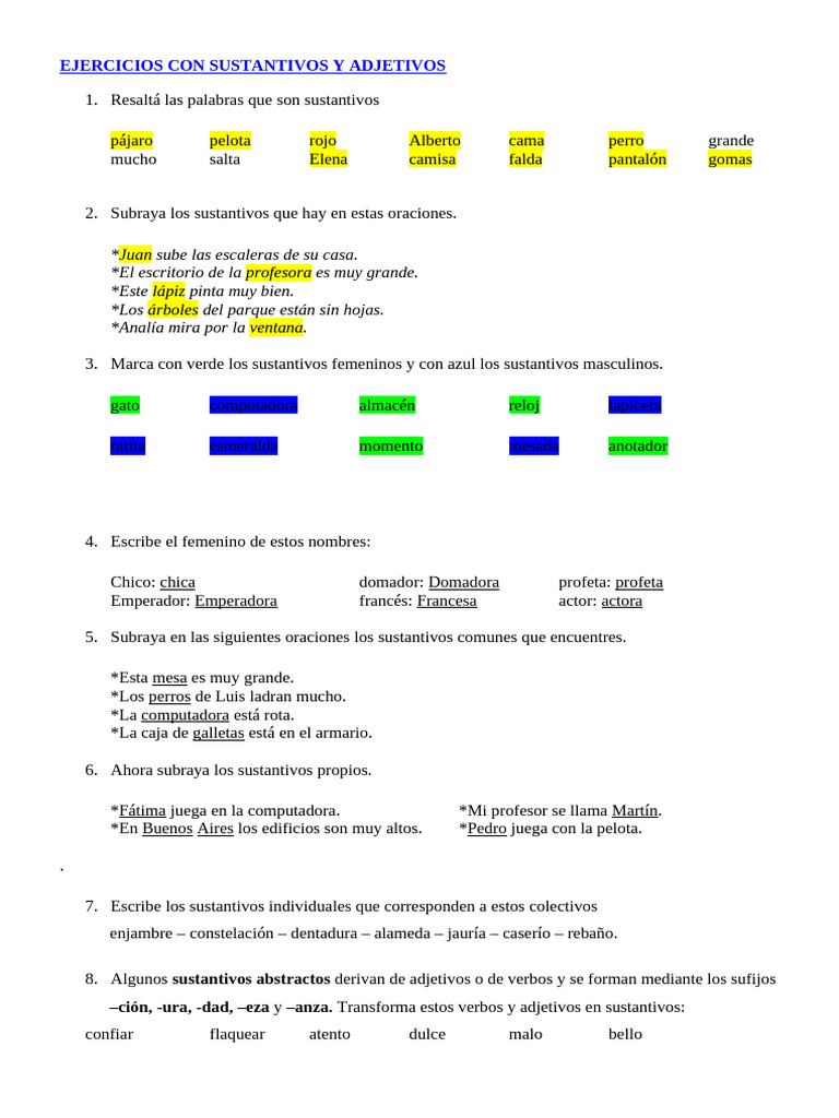 Ejercicios Con Sustantivos y Adjetivos | PDF | Sustantivo | Adjetivo