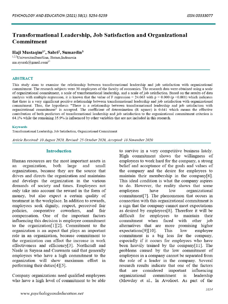 View of Transformational Leadership, Job Satisfaction and Organizational Commitment | PDF