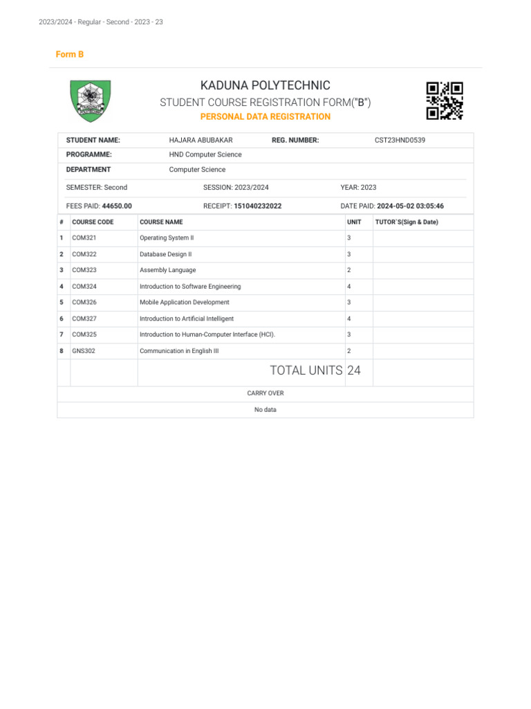 Kaduna Poly Student Registration | PDF