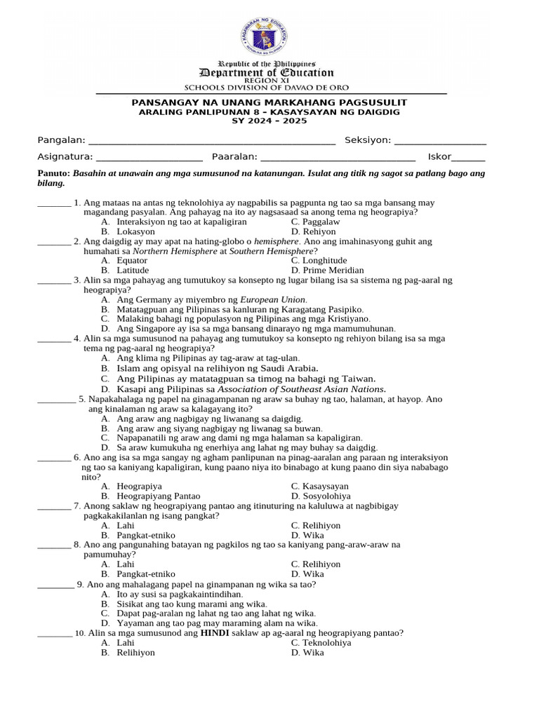 AP 8 First Grading With Key Answer | PDF