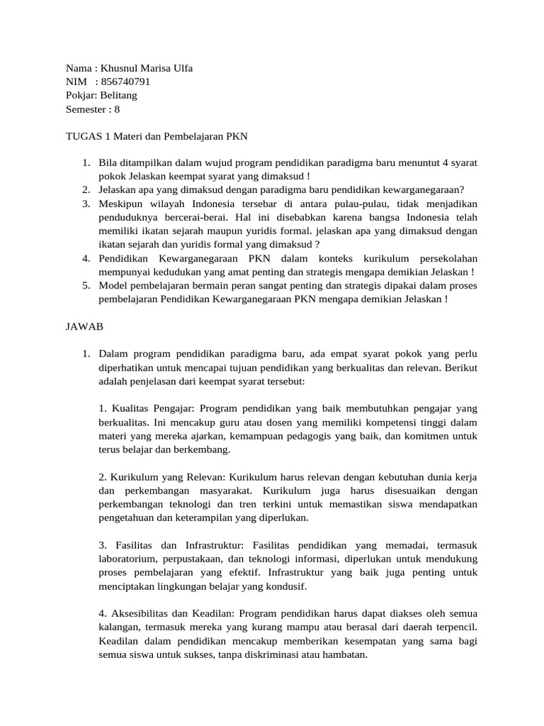 Tugas 1 Materi Dan Pembelajaran PKN | PDF