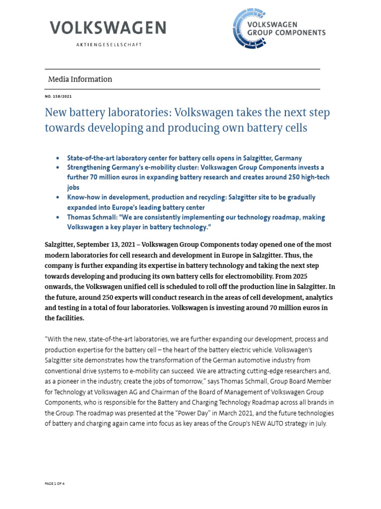 PM New Battery Laboratories Volkswagen Takes The Next Step Towards ...