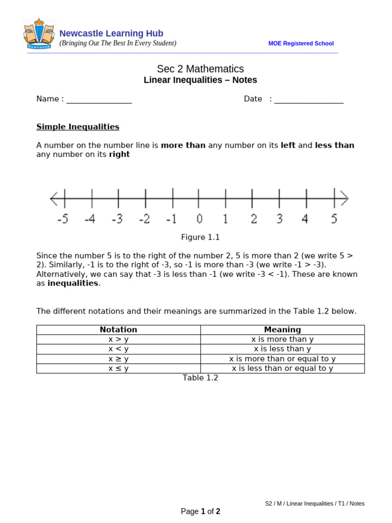 Sec 2 Math: Linear Inequalities | PDF | Mathematical Relations | Elementary Mathematics
