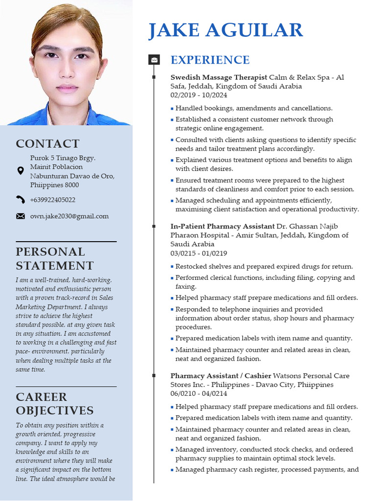 Jake Antoqueaguilar CV | PDF | Pharmacy | Health Care