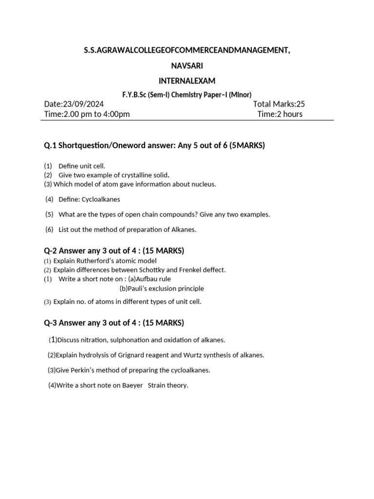 Internal Exam Fybsc Sem I Paper 1 (Minor) 2024 | PDF