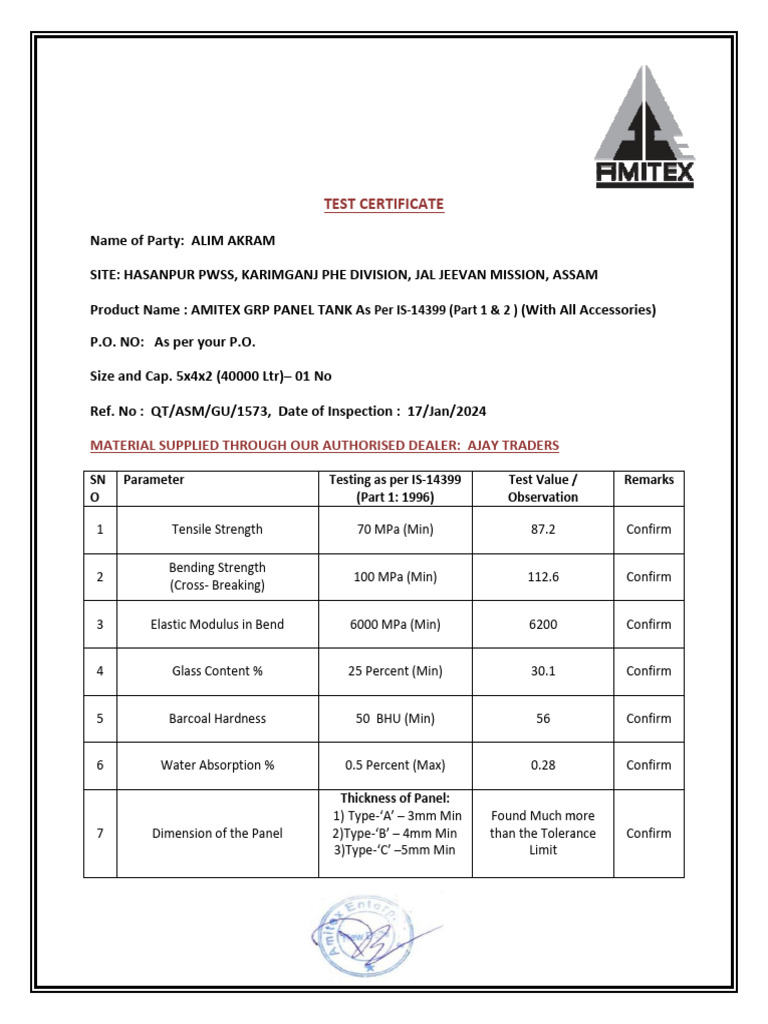 Test Certificate-Ajay Traders - Alim Akram - 1573 | PDF | Secondary ...