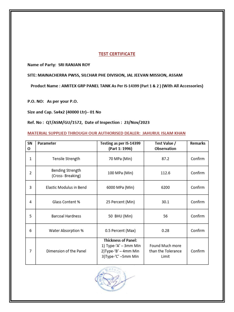 Test Certificate-Jahurul Islam Khan - Sri Ranjan Roy - 1572 | PDF ... Test Certificate-Jahurul Islam Khan - Sri Ranjan Roy - 1572 | PDF ...