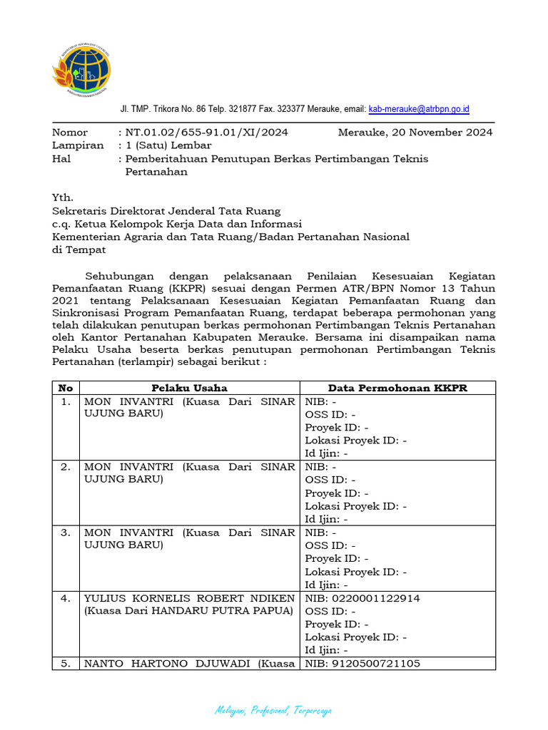 Surat Penutupan Berkas KKPR | PDF