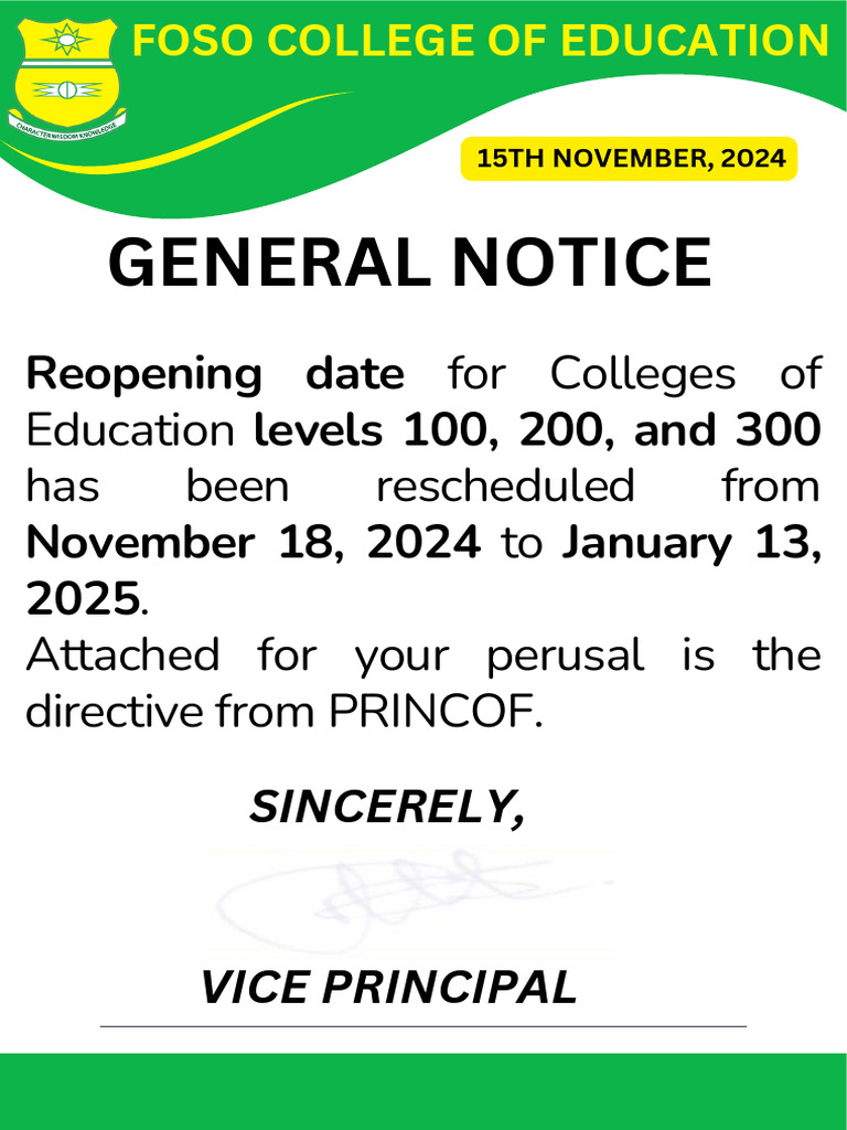 Foso College of Education Reopening Date For 2424-2025 Academic - Year ...