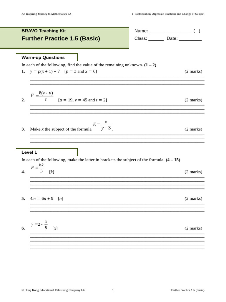 FurtherPractice Basic 2A Ch01 1.5 S E | PDF | Mathematics | Factorization