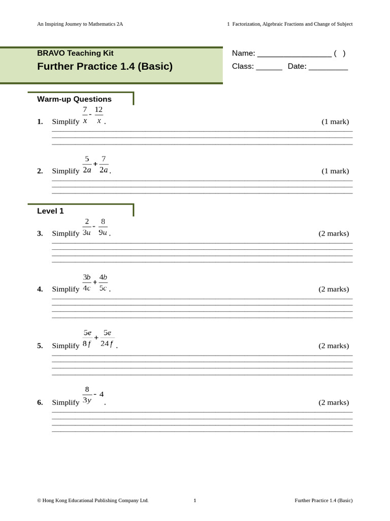 FurtherPractice Basic 2A Ch01 1.4 S E | PDF | Mathematics | Algebra