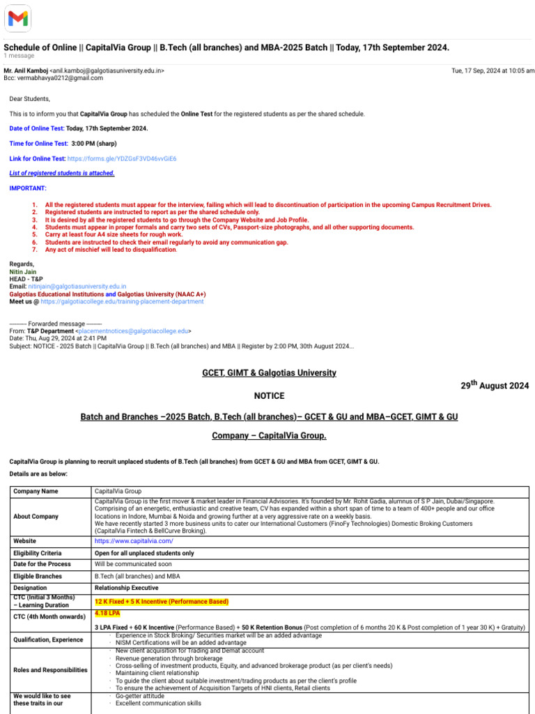 Gmail - Schedule of Online - CapitalVia Group - B.tech (All Branches) and MBA-2025 Batch - Today ...