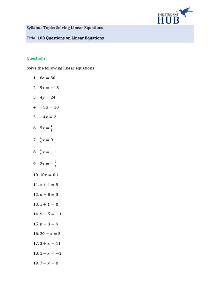 100 Questions On Linear Equations - Questions | PDF
