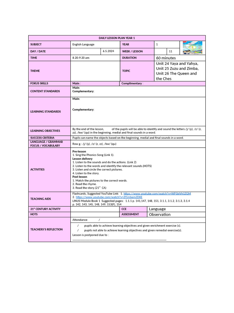 Daily Lesson Plan Year 1 | PDF | Phoneme | Word