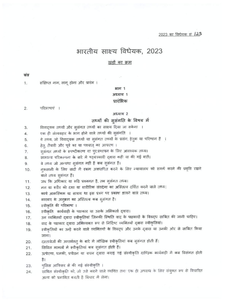 BNS (Bhartiya Sakshya Adhiniyam 2023) Hindi | PDF