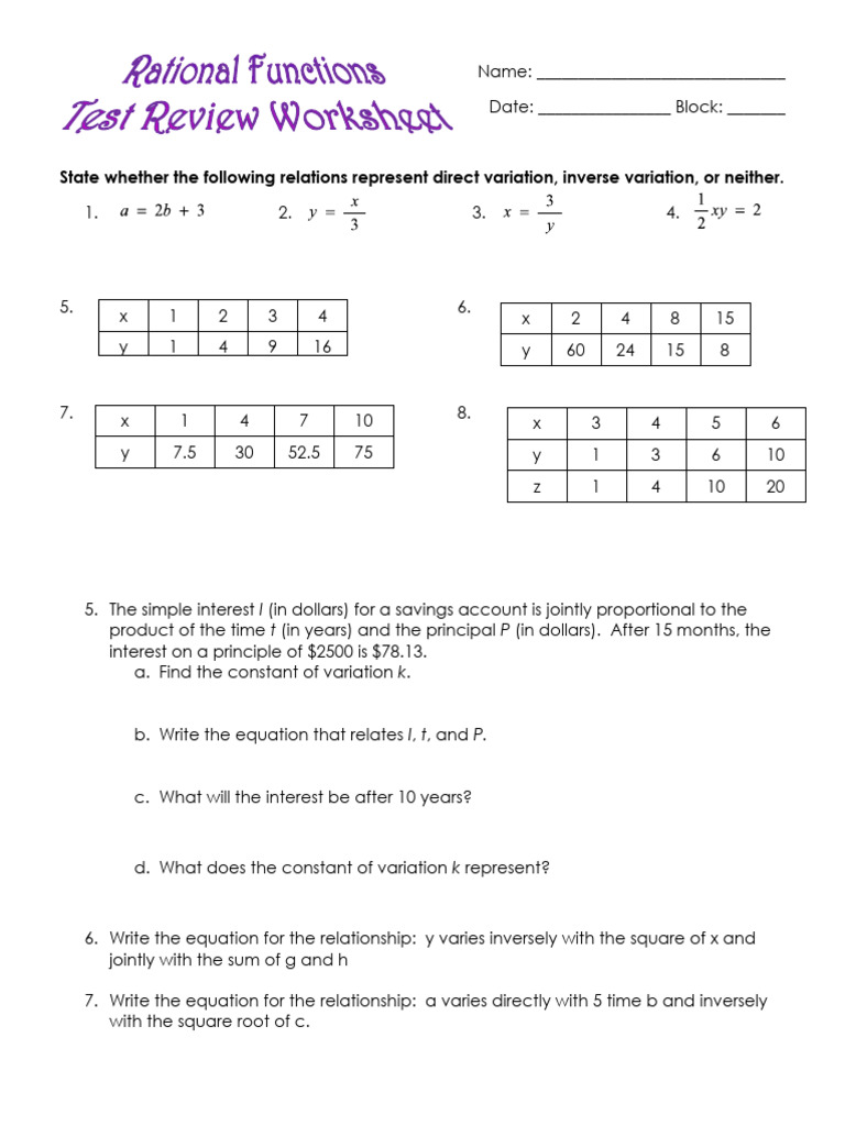 18 Rational Functions Test Review Worksheet Pdf Function Mathematics Applied Mathematics