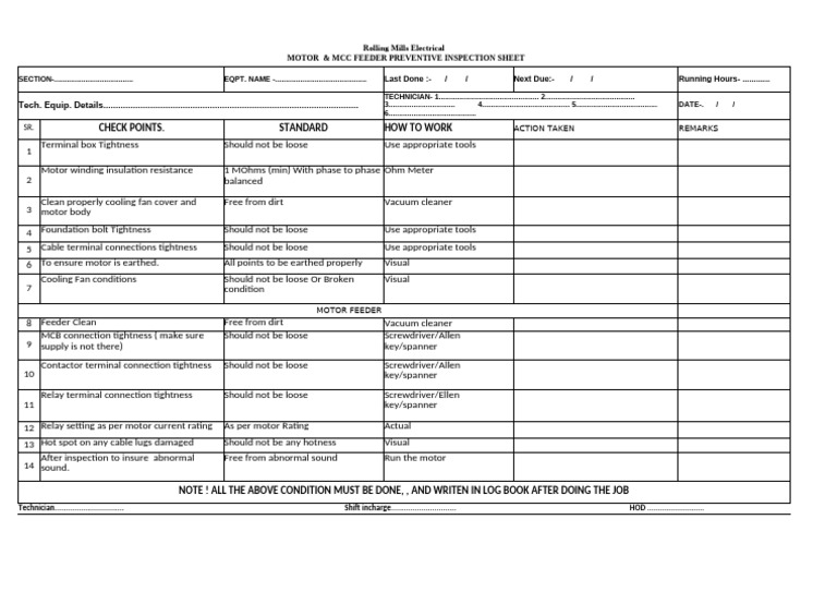 Motor Preventive Maintenance Checklist | PDF | Equipment | Manufactured ...